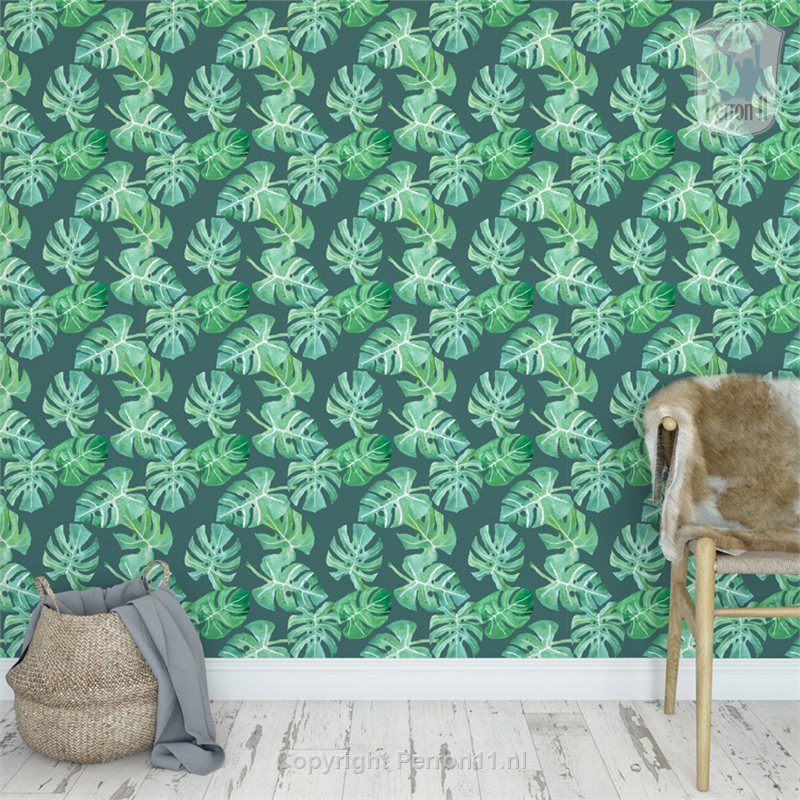 Behang botanisch met monstera patroon groen